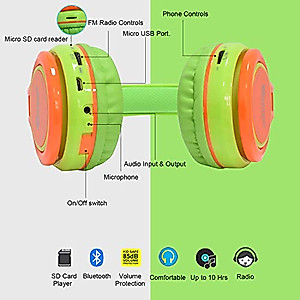 Contixo KB-2600 Kids Over Ear Foldable Bluetooth Headphones - Kids Safe 85dB with Volume Limiting - Built-in Microphone - Micro SD Card Slot - FM Stereo Radio - Phone Controls (Green + Orange)