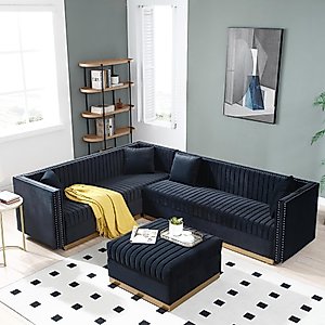 Holaki Vintage Glamour Channel Tufted Velvet SectionalSofa,Modern Upholstered 5 Seater Corner Couch,Solid Wood Frame Accent Sofa Sets for Living Room with Nailhead Trim,Ottoman and 4 Pillows(Black)