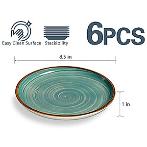 ONEMORE Ceramic Dinner Plates Set of 6, 8.5 inch Small Stoneware Plates for Appetizer, Salad and Dessert. Oven, Microwave and Dishwasher Safe Plate, Stackable, Rustic Kitchen Porcelain Dish, Teal