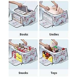 LitBear 2 Pack 24L Clothes Storage Bins Foldable Metal Frame Storage Box - Stackable Oxford Fabric Container Organizer Set with Carrying Handles and Clear Window(Blue floral)