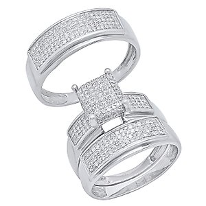 Dazzlingrock Collection 0.65 Carat (ctw) Round White Diamond Square Cluster Wedding Trio Ring Set in 925 Sterling Silver, Women size 8 & Men size 11