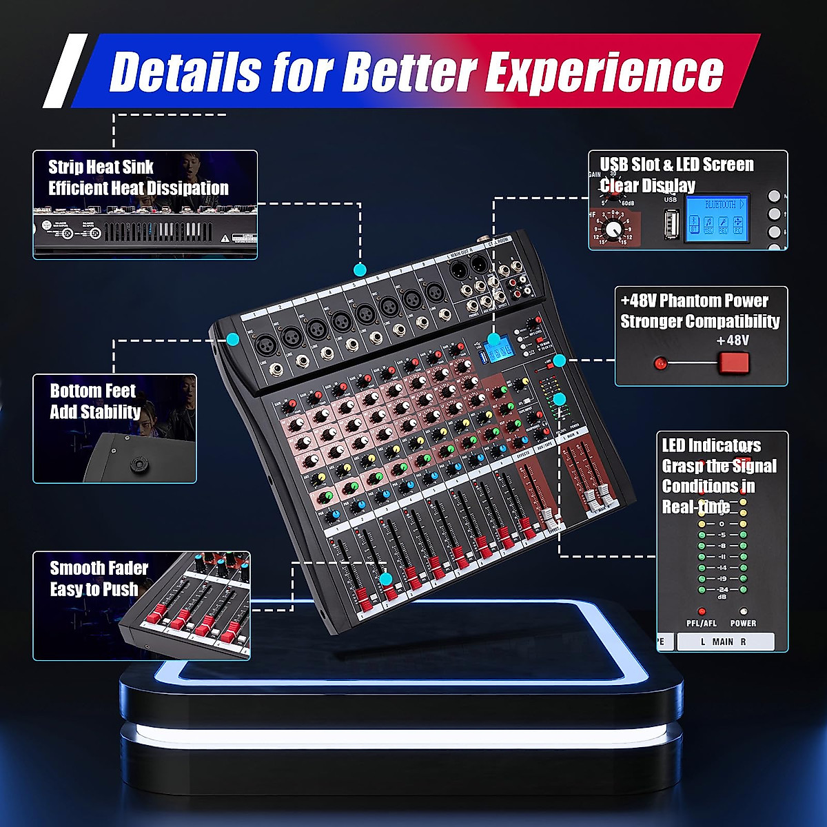 8 Channel Mixing Console Audio Mixer Bluetooth Studio Audio Mixer Sound Mixing Console Desk System Interface with USB Drive for PC Recording AC 110V