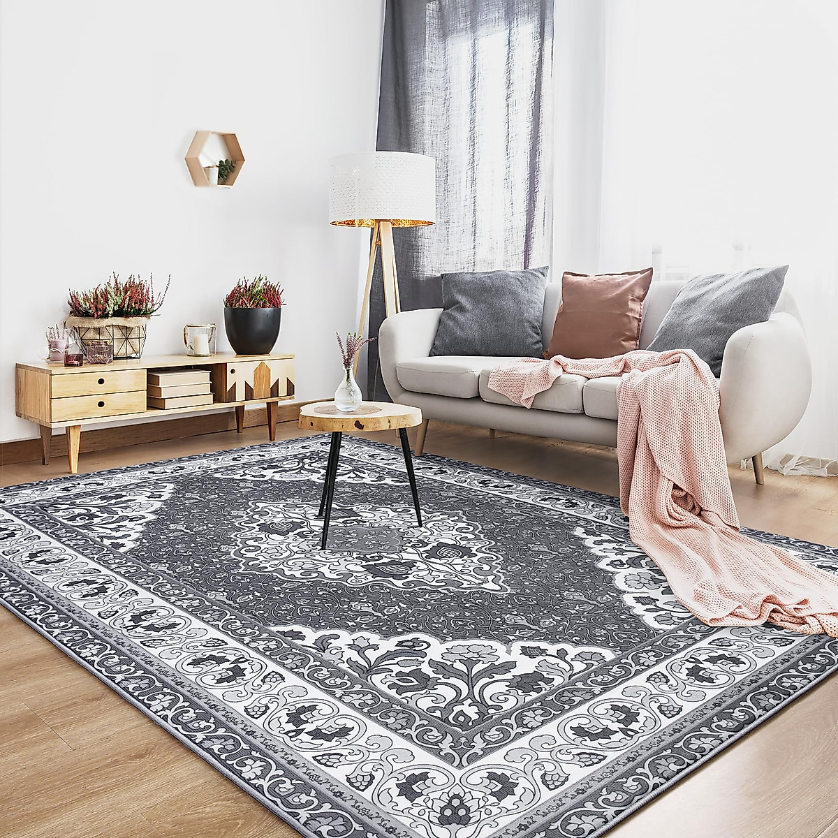 B BENRON Soft Living Room Rug 4x6,Grey,Thin Rugs for Bedroom,Floral Rug with Memory Foam, Low-pile Area Rug Home Decor