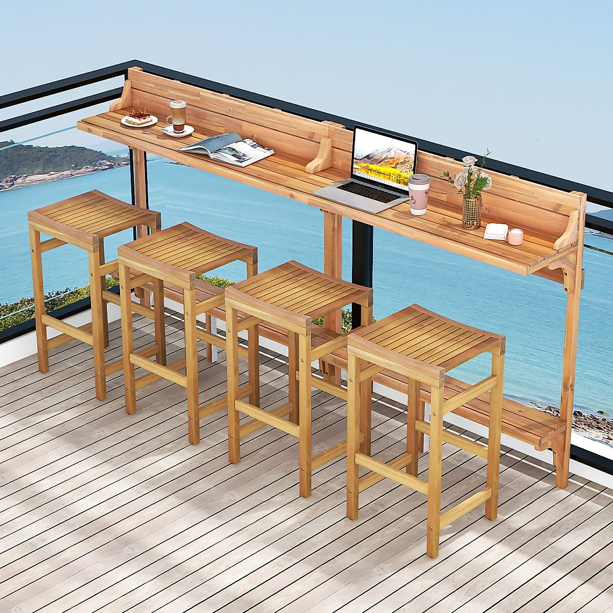 Tangkula 3 Pieces Acacia Wood Balcony Table Set, Outdoor Bar Height Table & 2 Bar Stools w/Shelf, Footrest, Curved Wood Seat, Back Rail for Assembly, for Balcony, Patio and Small Outside Space (1)