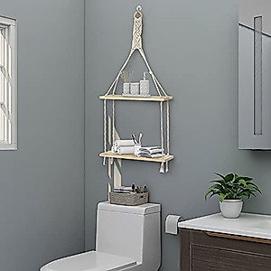 Afuly Macrame Hanging Shelves Wall Floating Shelf Natural Wood Chic Boho Decor 2 Tiers Pine Wood Cotton Rope Beige for Bedroom Bathroom Living Room Decor Ready to Hang, Beige