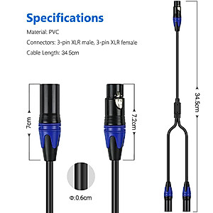 HUYEOOG XLR Splitter Cable，1Female to2 Male XLR Connector Splitter, 3-pin XLR Female to Dual XLR Male Cable for Balanced Mic Audio, Ideal for Stereo Mic Connection (11.8 Inches)