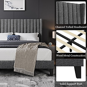 Yaheetech Queen Bed Frame Upholstered Platform Bed with Fabric Headboard, Wing Edge Design/Non-Slip and Noise-Free/Wooden Slats Support/No Box Spring Needed/Easy Assembly, Dark Gray Queen Bed