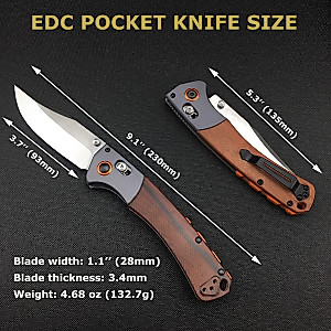 Everyday Carry Crooked River Knife, Axis Lock Knife with 3.7’’ D2 Steel Blade Wood Handle, EDC Manual Open Folding Pocket Knife with Thumb Stud, Belt Clip for Camping