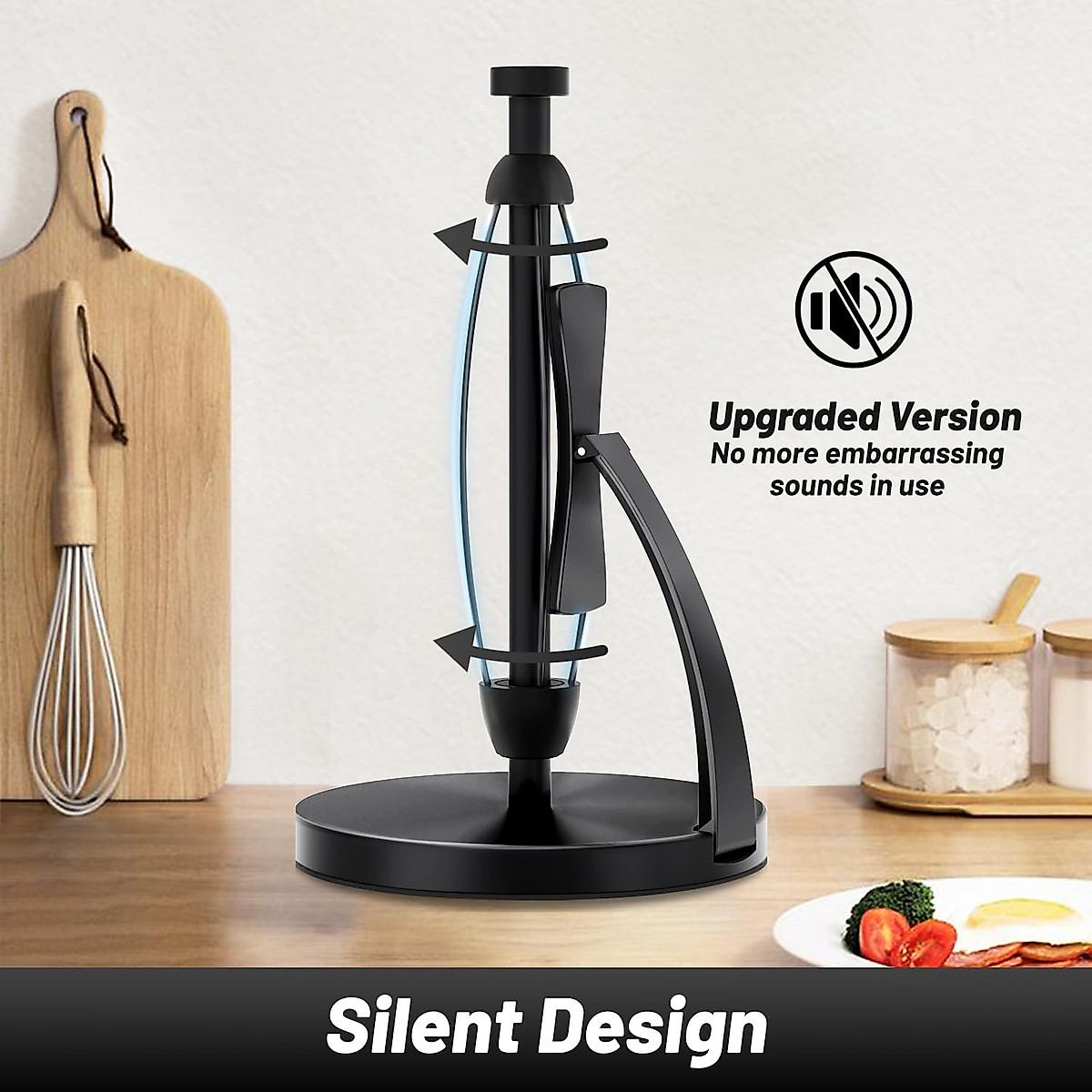 VEHHE Paper Towel Holder Countertop, Black Paper Towel Holder with Spring Activated Arm and Silent Damping Effect, Simply Tear Paper Towel Stand for Bathroom and Kitchen (Black)