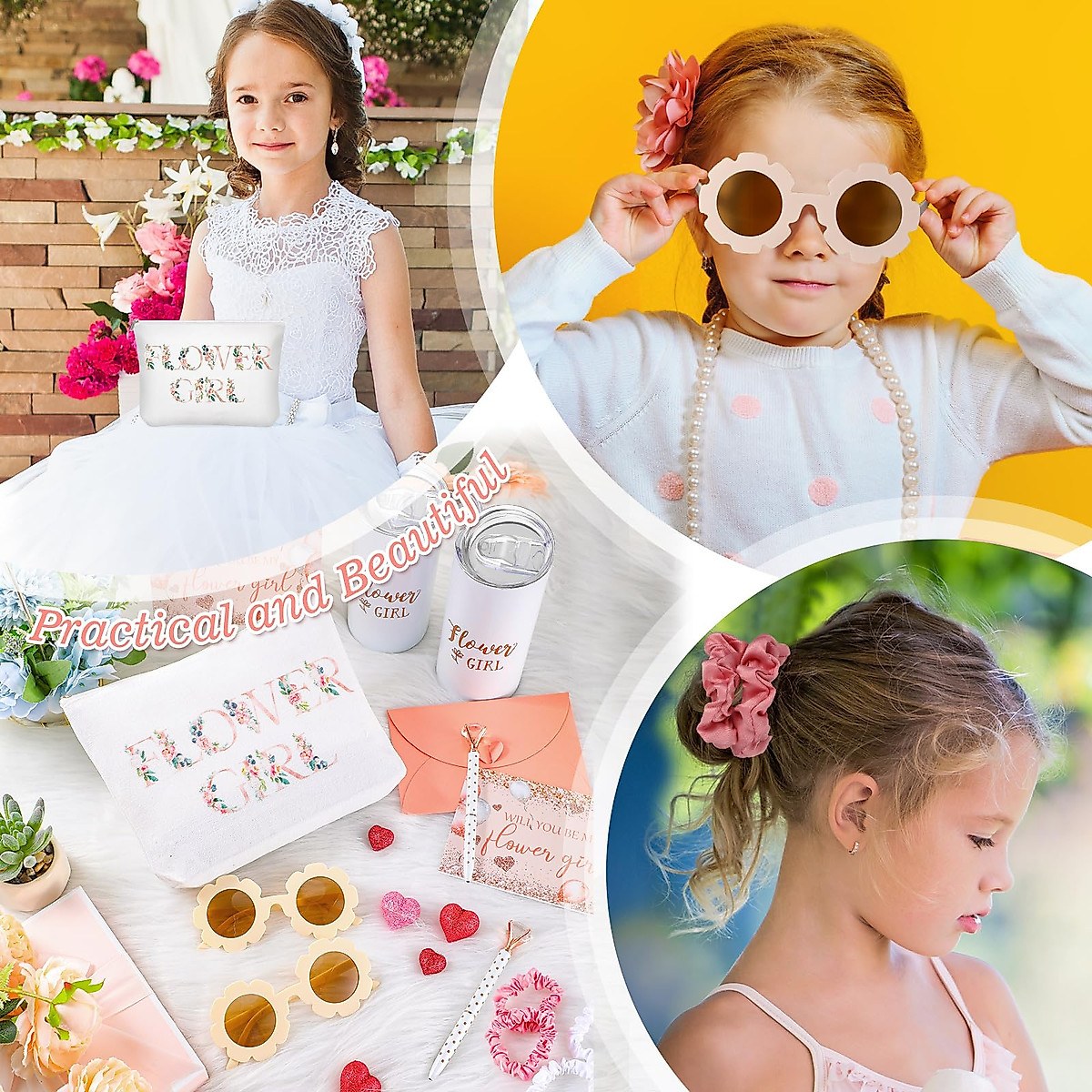 Flower Girl Proposal Gifts Flower Girl Tumblers with Straws Be My Flower Girl Card with Envelope Canvas Makeup Bag Sunglasses Hair Scrunchies Diamond Pen for Wedding Bridal Shower (White, 16 Pcs)
