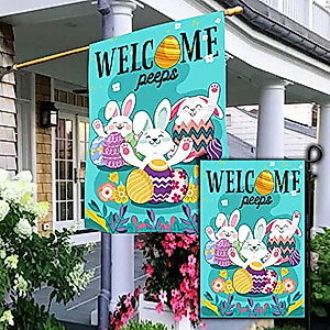 Q-Leo Easter Flag, Set 2 House Flag 28 X 40 And Garden Flag 12 x 18 Double Side, Small Garden Flags Decorations For Outside, Yard Outdoor Decor With 3 Bunny and Welcome Signs