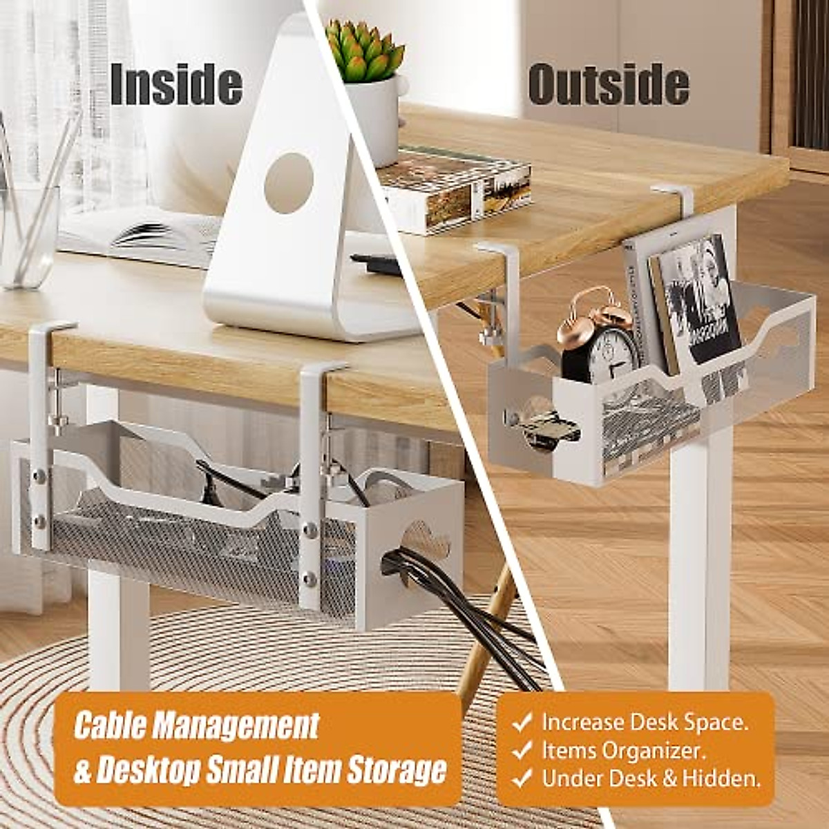 Under Desk Cable Management Tray, No Damage to Desk，Standing Desk Cable Organizer, Quszmd Under Desk Cord Organizer，Under Desk Wire Management Tray - Easy to Install