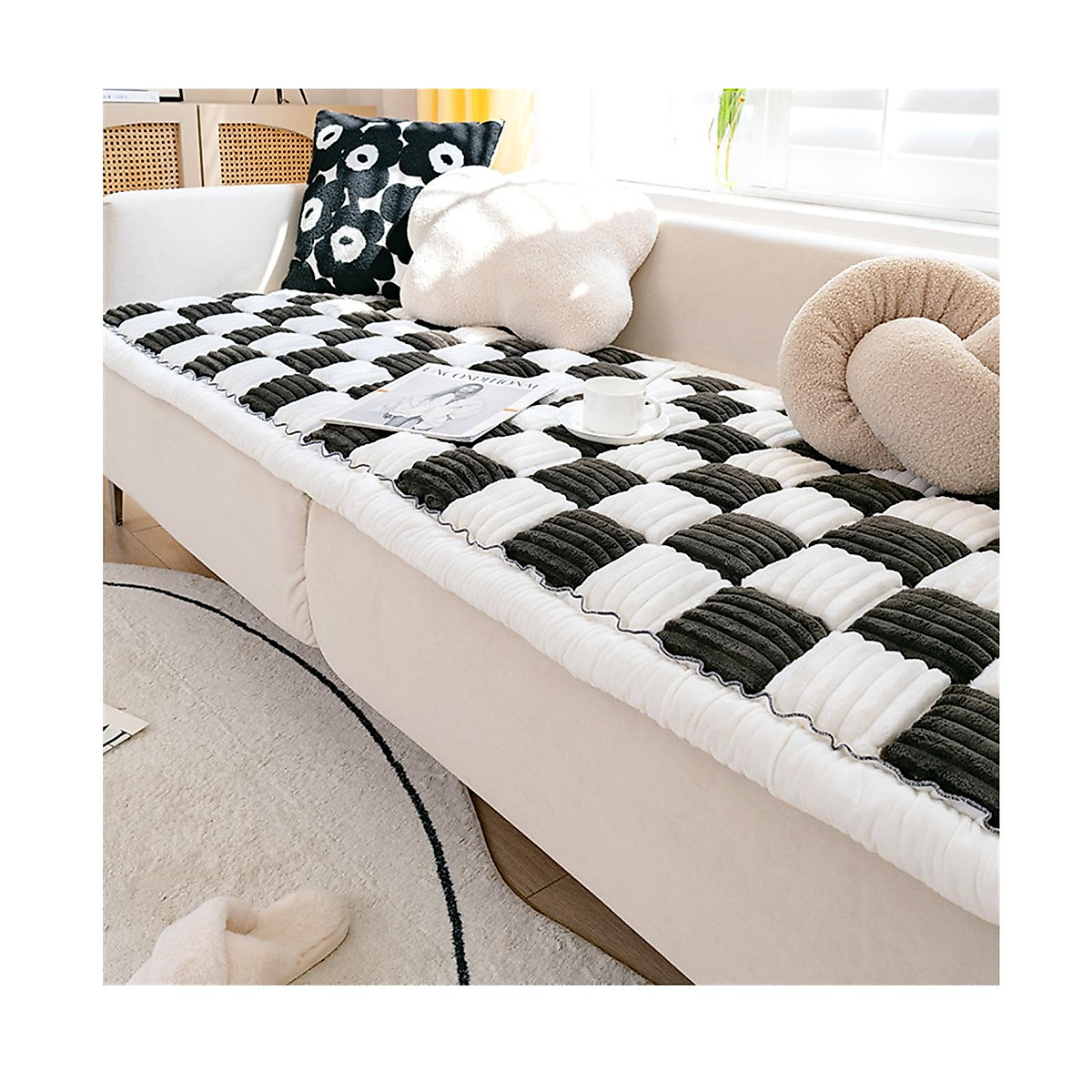 Funnyfuzzy Cream-Coloured Large Plaid Square Pet Mat Bed Couch Cover,Garden Chic Cotton Protective Couch Cover,A Chic Slipcovers for Pet Owners,Non-Sticky Cat/Dog Hair (27.6x70.9 in, Black)