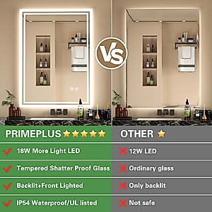 PRIMEPLUS 24x40 inch LED Lighted Bathroom Mirror with Anti-Fog, Wall Mounted Vanity Mirror with Smart Touch Button, Memory Function, Adjustable Warm White/Natural/Daylight Lights(Horizontal/Vertical)