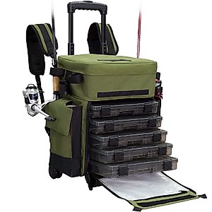 Elkton Outdoors Rolling Tackle Box with Wheels - Waterproof Fishing Backpack, 5 Removable Trays, 4 Rod Holders, Gifts for Men, Fish Bag, Roller