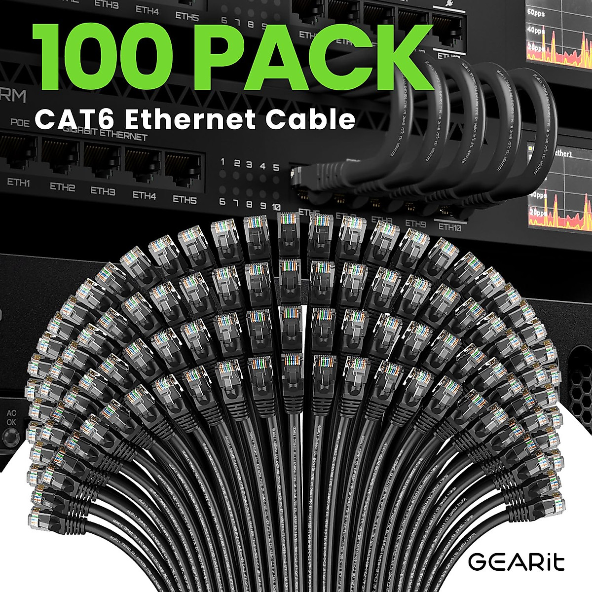 GearIT Cat 6 Ethernet Cable (100-Pack 1 Foot) Cat6 Network Patch, 10Gbps, RJ45, Snagless Cord, Gold-Plated Connectors, Internet for PC, TV, Tablet, Router, Printer, Servers, IT Data Center - Black
