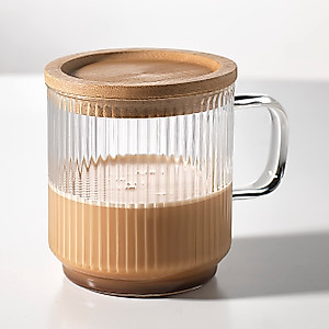 Glaver's Coffee Mug with Lid Borosillcate Glass Set of 2, 12 oz Ribbed Tea Cup With Bamboo Lid and or Coaster 2in1. For Espresso, Mocha, Cappuccino.