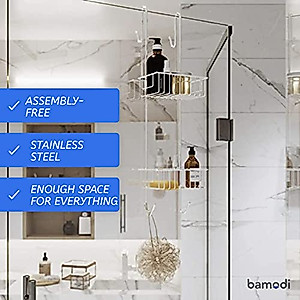 Bamodi Shower Caddy Hanging - 2 Tier Over Door Chrome Plated - No Drilling Required - Fits Shower Screens up to 0.78 inches - Hangable Shower Rack with 2 Towel Hooks (27.5 x 7.5 x 7.3 INCHES)