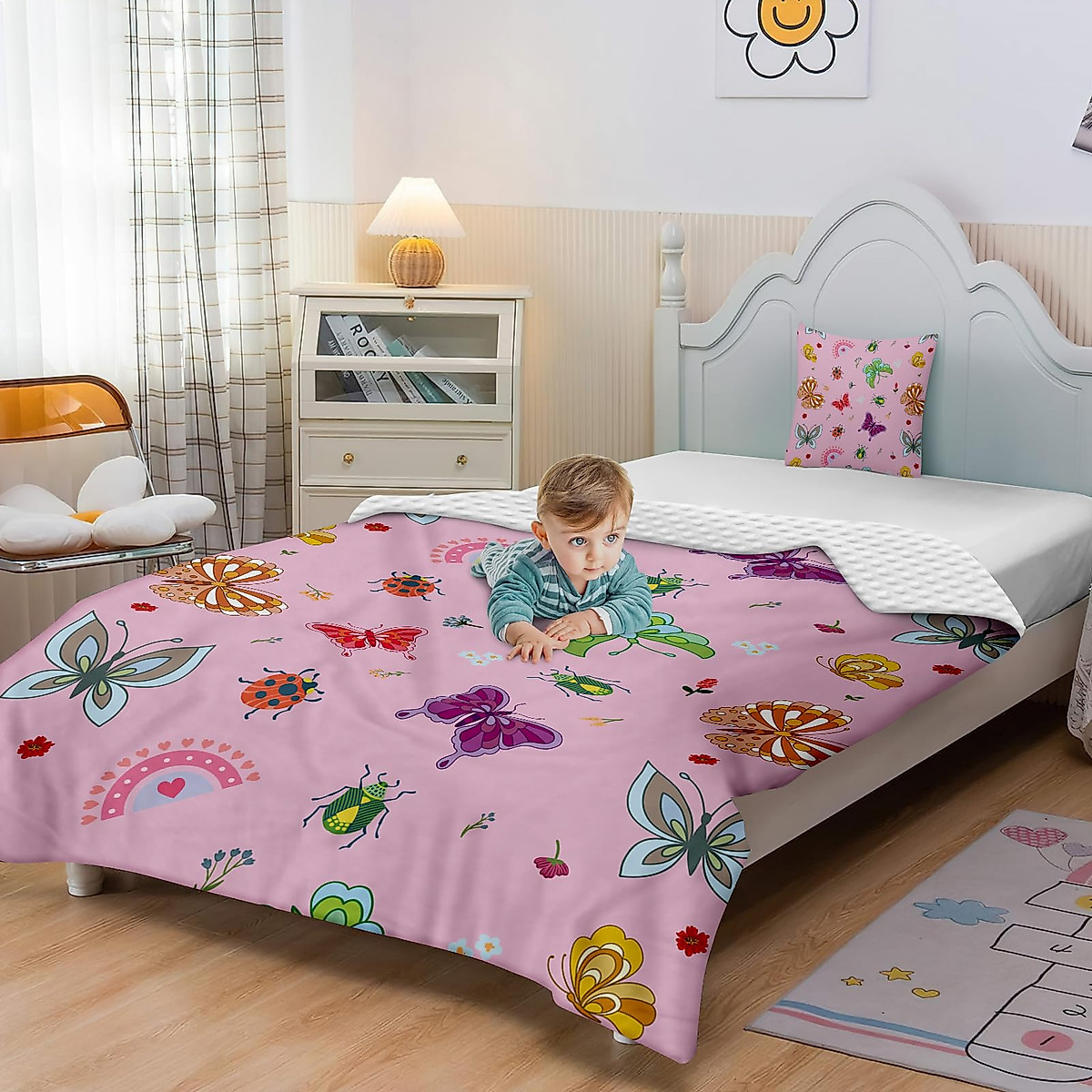 Toddler Pink Duvet Cover, 40×60 Inch Kids Duvet Cover for Girls, Soft Comforter Cover Quilt Cover with Butterfly Printed, Dotted Backing Zipper Boho Duvet Cover