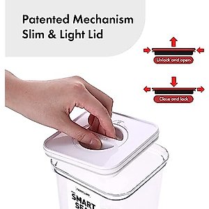 Neoflam Airtight Smart Seal Food Storage Container (Set of 3) | Crystal Clear Body | Modular, Stackable, Nestable Design (0.6L. Square)