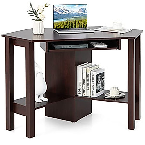 Tangkula Corner Desk with Keyboard Tray, Triangle Corner Computer Desk for Small Space, Bedroom Corner Makeup Vanity Desk with Storage Shelves, Space Saving Corner Writing Desk