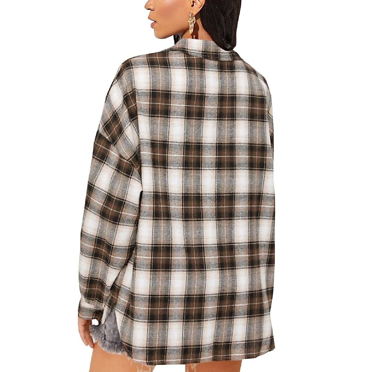 Womens Flannel Plaid Shirts Oversized Collared Business Casual Button Down Shirts Blouse Tops