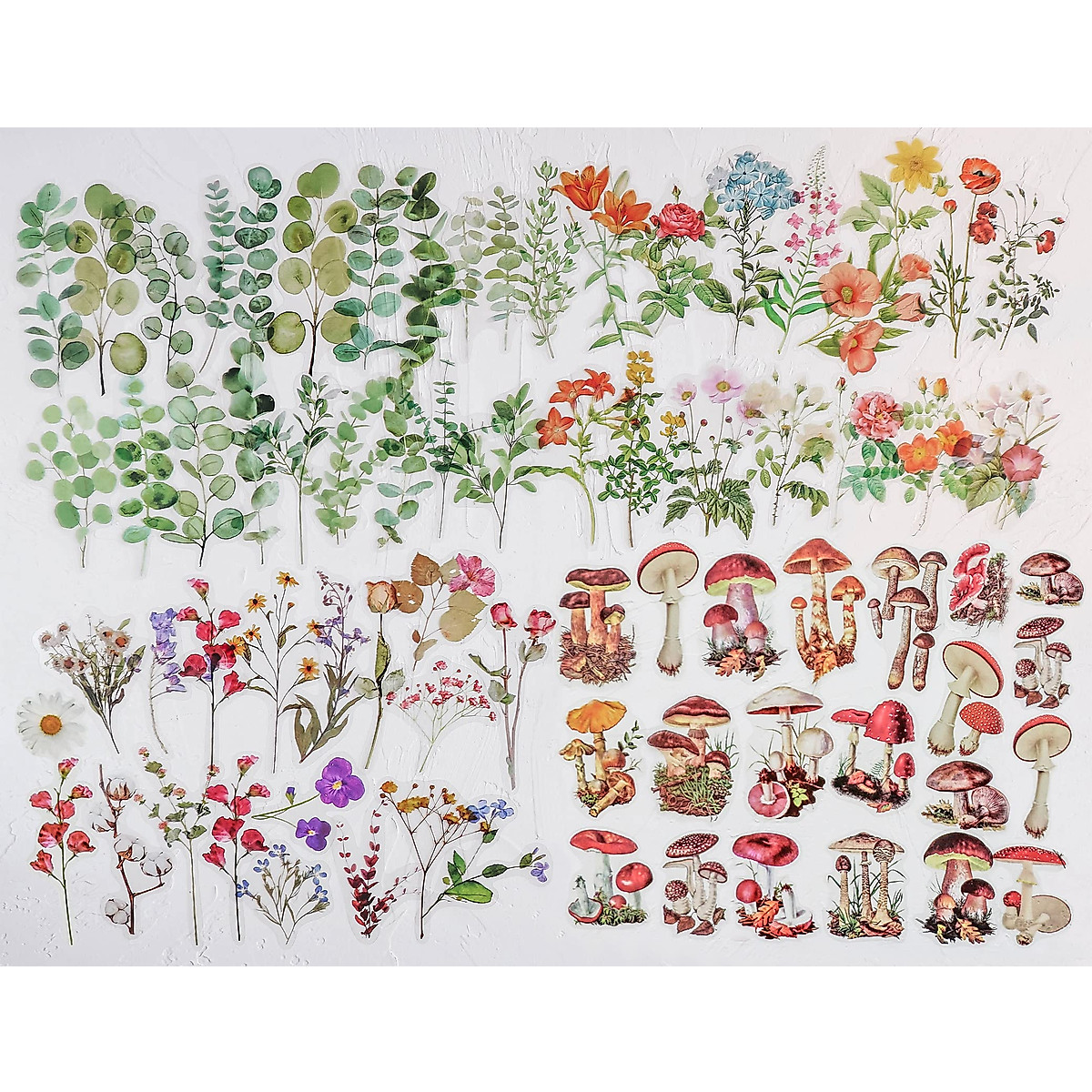 Knaid Flower Eucalyptus Plant Stickers Set (160 Pieces) - PET Transparent Waterproof Decorative Decals for Scrapbook DIY Crafts Album Bullet Journal Planner Water Bottles Phone Cases Laptops