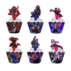 Spider Miles Party Supplies,Sparkling Cake Topper Birthday Cupcake Decoration Banner Backdrop Tablecloth Balloons Wrappers