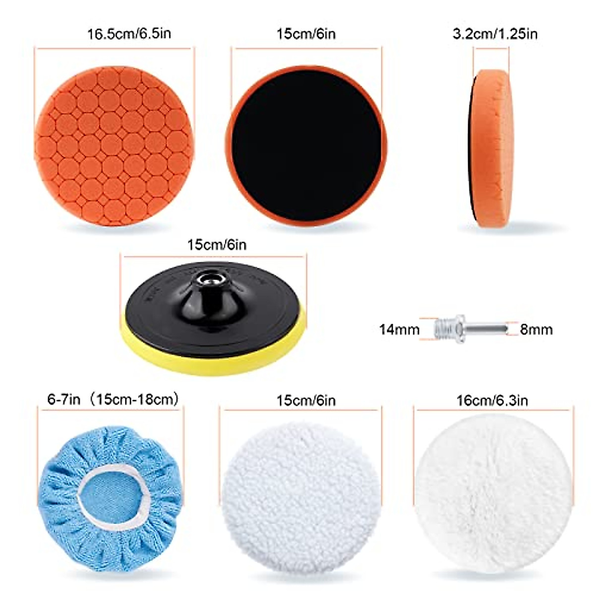 CHEGIF 17pcs 6 Inch Buffing Polishing Pads Kit, Car Buffing Sponge Pads Cutting Polishing Pad Kit, Includes Wool Buffing Pad and Polishing Bonnets with M14 Drill Adapter for Car Polishing and Waxing