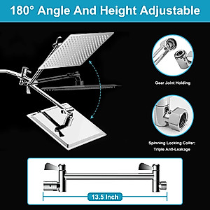 Shower Head, High Pressure Rainfall Shower Head with 11" Adjustable Extension Arm and 9 Settings Handheld Showerhead Combo with Holder, Retractable 59" Hose, Flow Regulator, Chrome (12 Inch1, Chrome)