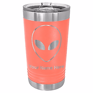 LaserGram 16oz Vacuum Insulated Pint Tumbler, Alien Head, Personalized Engraving Included (Coral)