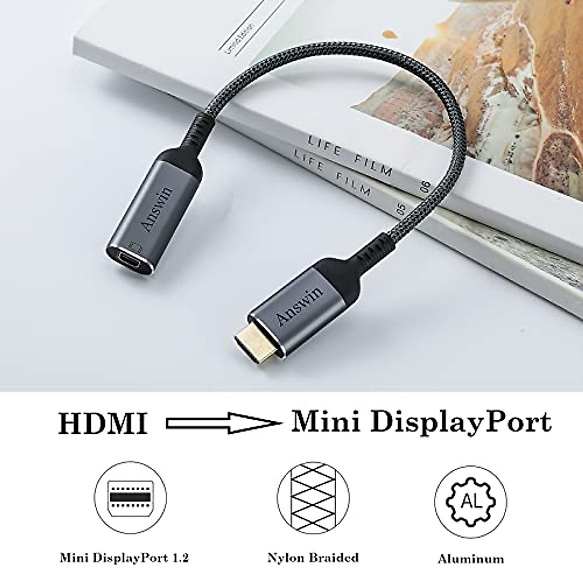 Answin HDMI to Mini DisplayPort Adapter, 4K HDMI to Mini DisplayPort Active HDMI 1.4 Source for Xbox One/360, Mac Mini, PC/Laptops to Mini DP 1.2 Out Monitor with DisplayPort/Mini DisplayPort