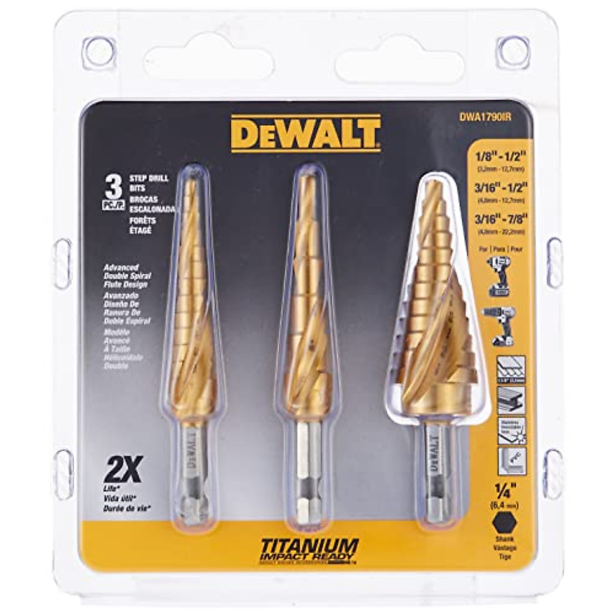 DEWALT Drill Bit Set, 3 Piece, Titanium Nitride Coated, Longer Life and Better Chip Removal (DWA1790IR)