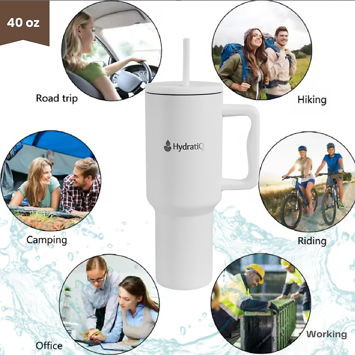 HydratiQ 40 oz Tumbler with Handle and Straw Spill Proof Insulated Water Bottle Leak Proof Stainless Steel Cup Holder Travel Mug Hot Cold Vaso Termico