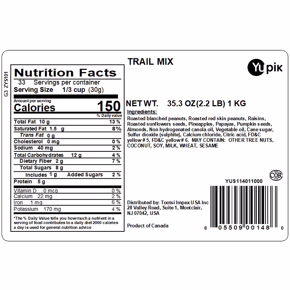 Yupik Trail Mix, 2.2 lb, A mix of peanuts, almonds, sunflower seeds, pumpkin seeds, raisins, papaya and pineapple, Pack of 1