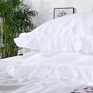 QSH White Shabby Ruffle Duvet Cover Full Size,Washed Cotton Farmhouse Boho Chic Aesthetic Cute Bedding Comforter Quilt Cover 3 Pieces Ultra Soft and Breathable Zipper Closure & Corner Ties