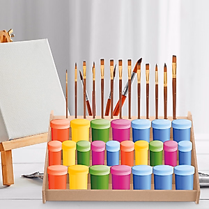 KONTONTY Wooden Paint Rack with Brush Holder Storage Stand for Acrylic Paints Pigments and Ink Bottles Stylish Organizer for Craft Supplies and Painting Accessories