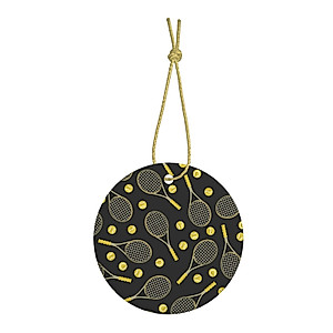 Funny Tennis Racquets and Tennis Balls Print Christmas Tree Ceramic Hanging Round Shaped Xmas Tree Pendants Gatherings Party Deco