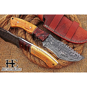 HUNTEX Handmade Exposed Hand-Forged Ladder Pattern Damascus Steel 10 Inch Long Full Tang Oak Wood Handle Razor Sharp Hunting Camping Tracker Knife w/Genuine Leather Pouch