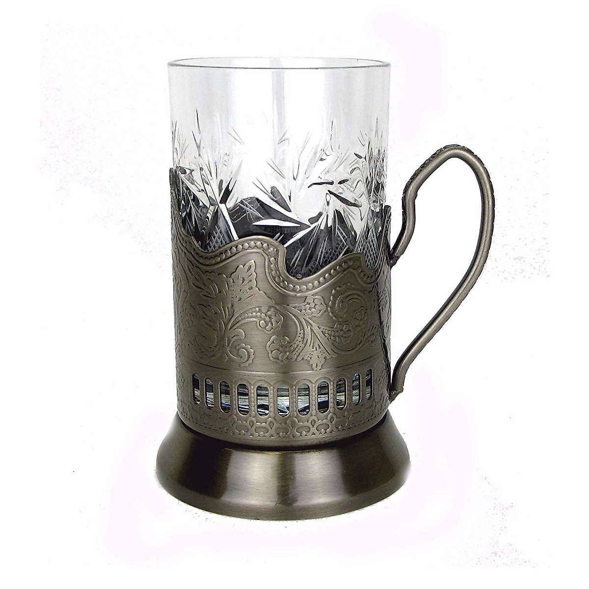 Neman GHOLD(1)+GL5107(1), 8.5 Oz Crystal Tea Glass with Podstakannik, Hot/Cold Beverage Glass with Metal Holder