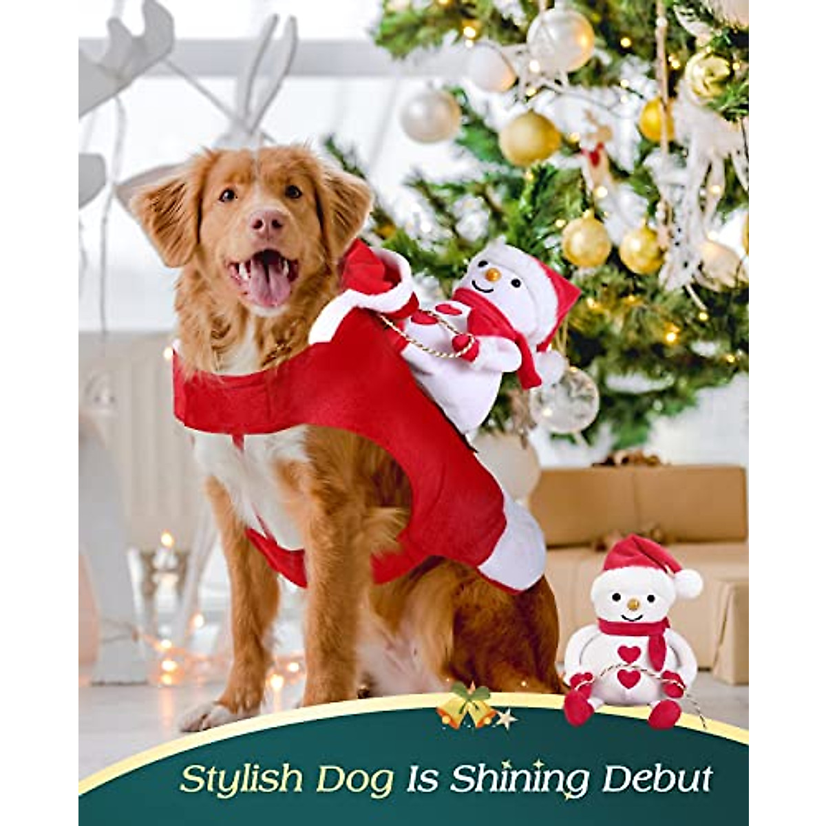 Lewondr Dog Christmas Costume,Winter Snowman Shaped Doll Riding on Dog Apparel Party Dressing Up Clothing for Pet Christmas Riding Outfit for Dogs Antler Hoodie Clothes Xmas Costumes,XX-Large Size,Red