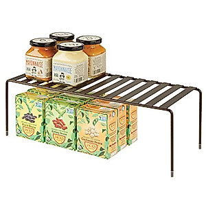mDesign Modern Metal Storage Shelf Rack - 2 Tier Raised Food and Kitchen Organizer for Cabinets, Pantry Shelves, Countertops Dishes, Plates, Bowls, Mugs, Glasses - 2 Pack - Bronze