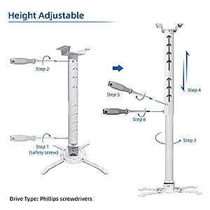 SCREENPRO Projector Mount Universal Full Motion Ceiling Bracket with Adjustable Height 33 inch to 59 inch, 22lb Max Weight and Extendable Arms Tilt Swivel Mount for Home and Office Projector