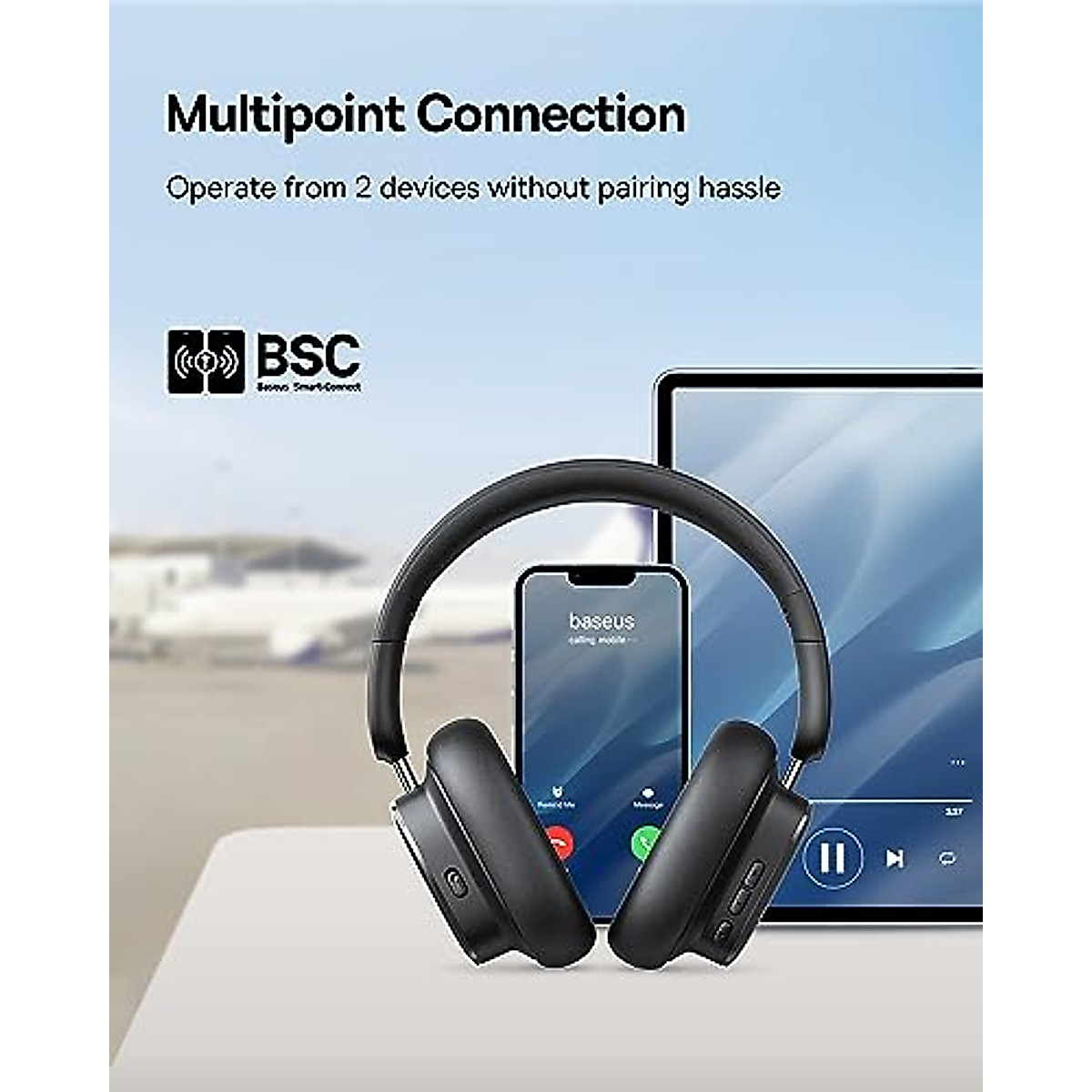 Baseus Active Noise Cancelling Headphones with 100H Playtime, LHDC Hi-Res Sound, Reduce Noise by Up to 95%, Spatial Audio, ENC Mics, 0.038s Low Latency, Bluetooth 5.3 Wireless Headphones - Bowie H1i