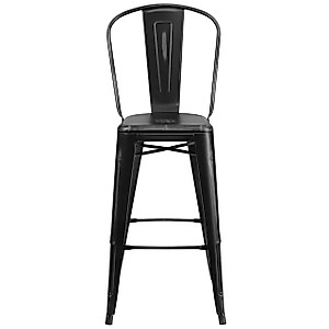 EMMA + OLIVER 4 Pack 30" High Distressed Black Metal Indoor-Outdoor Barstool with Back