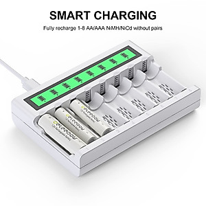 Deleepow Rechargeable AA Batteries High Capacity 3300mAh AA Battery 1.2V 8-Pack Double A Batteries with 8-Bay LCD Individual Charger