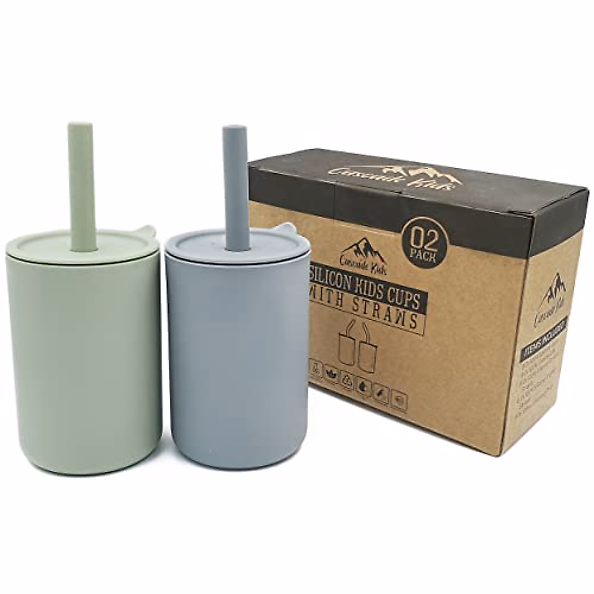 Cascade Kids Silicone Kids Cups with Straws and Lids, (2 Pack),100% Food Grade Silicone,Non Plastic, BPA-Free, Unbreakable, Smell Proof, for Kids and Toddlers 6+ Months, 6oz, (Sage Green, Stone Grey)