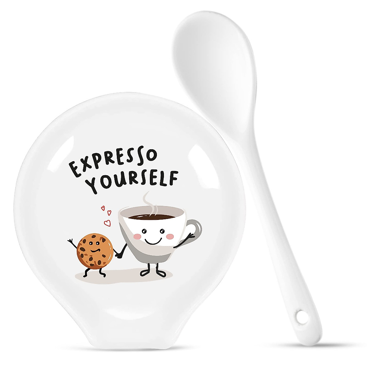 Four Inch- Coffee Spoon Rest , Coffee Spoon Holder , Kitchen Spoon Rest, Spoon Rest Ceramic , Cute Spoon Rest , Gift for Coffee Lovers, Coffee Spoon Rest for Coffee Bar, White Spoon Rest with Spoon