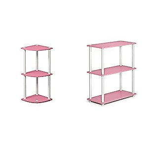 Furinno Turn-N-Tube 3-Tier Reversible Corner Display Rack Multipurpose Shelving Unit, Pink/White & Turn-N-Tube 3-Tier Compact Multipurpose Shelf Display Rack, Pink/White