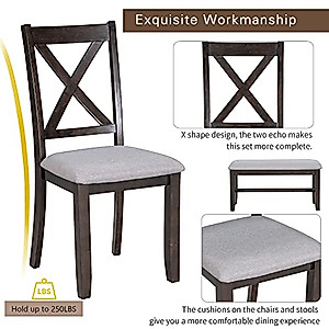 WOZNLA 6-Piece Rustic Dining Table Set - Foldable Table, 4 Padded Chairs, and 1 Bench - Ideal for Kitchen and Family Gatherings, Home Furniture Set, Espresso